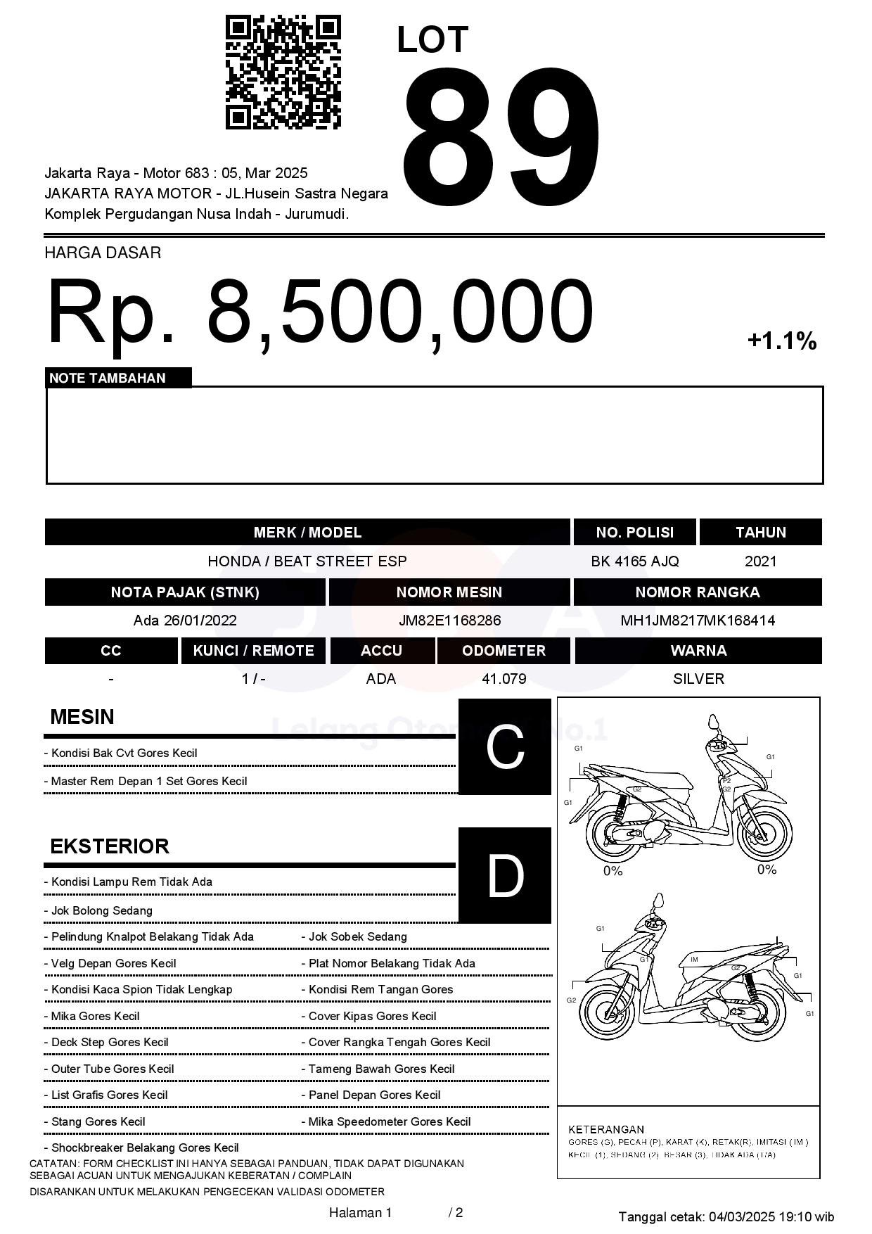 Lelang Motor HONDA BEAT STREET ESP 2021 SILVER JAKARTA RAYA MOTOR