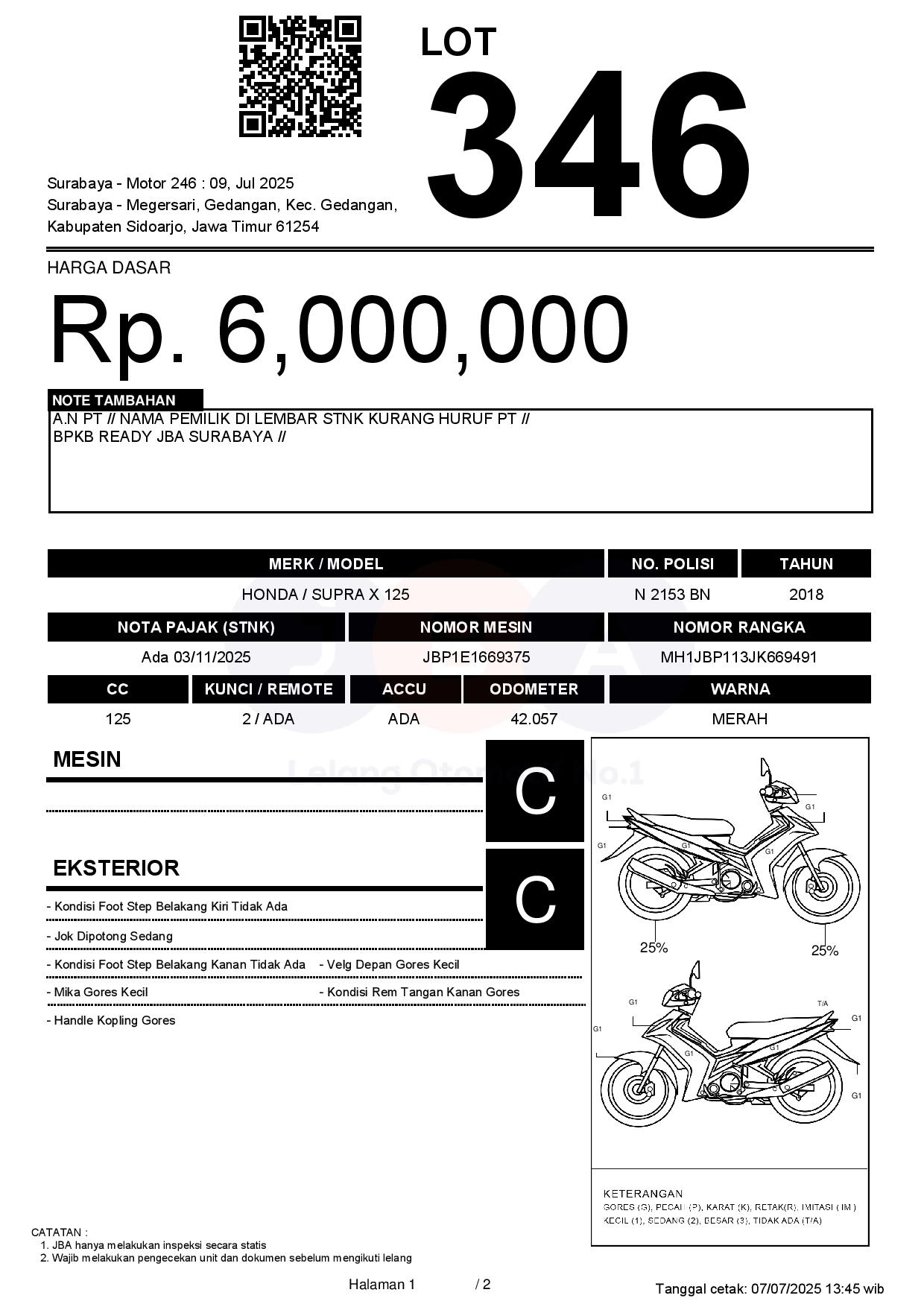 Lelang Motor LOT No. 346 HONDA SUPRA X 125 125 2018 MERAH Surabaya