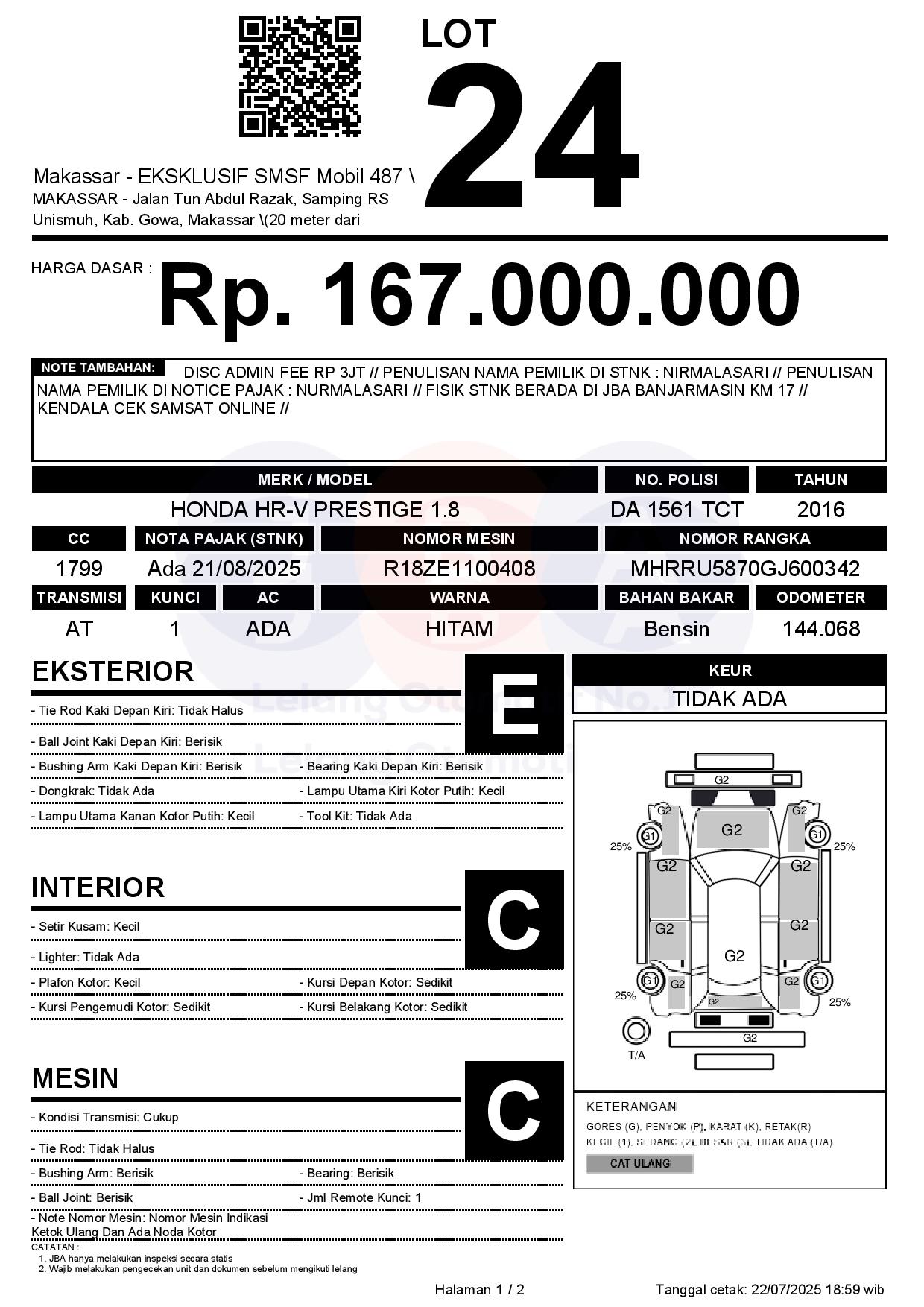 Lelang Mobil LOT No. 24 HONDA HR-V PRESTIGE 1.8 AT 2016 HITAM MUTIARA ...